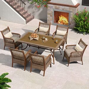 purple leaf patio dining set outdoor wicker patio furniture sets rectangular tempered glass top dining table and 6 outdoor chairs with umbrella hole and cushions