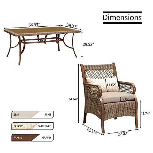 PURPLE LEAF Patio Dining Set Outdoor Wicker Patio Furniture Sets Rectangular Tempered Glass Top Dining Table and 6 Outdoor Chairs with Umbrella Hole and Cushions