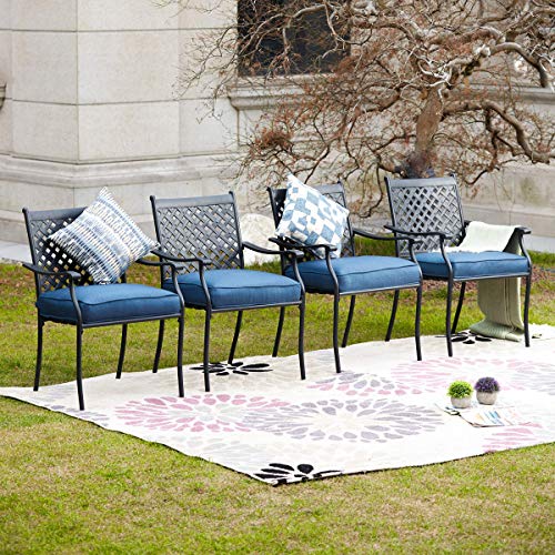 Top Space 4 Piece Metal Outdoor Wrought Iron Patio Furniture,Dinning Chairs Set with Arms and Seat Cushions (4 PC, Blue)