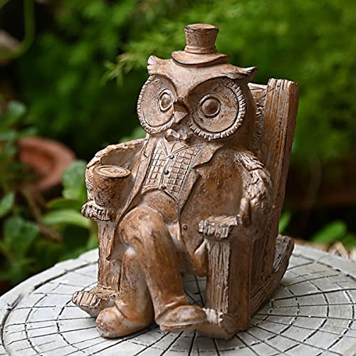 OwMell Owl Statue, Indoor Outdoor Coffee Owl Decor Figurine for Garden, Resin 6 Inch, Look Like Wood Hand-Carved