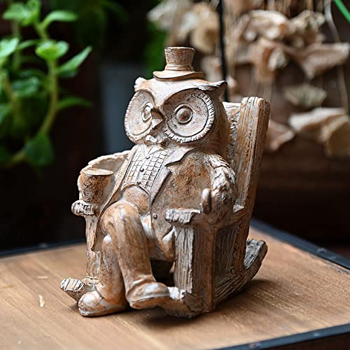 OwMell Owl Statue, Indoor Outdoor Coffee Owl Decor Figurine for Garden, Resin 6 Inch, Look Like Wood Hand-Carved