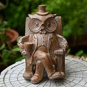 OwMell Owl Statue, Indoor Outdoor Coffee Owl Decor Figurine for Garden, Resin 6 Inch, Look Like Wood Hand-Carved