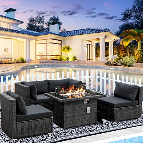 RADIATA 5 Piecess PE Wicker Patio Furniture Set Sectional High Back Large Size Sofa Sets with Propane Fire Pit Table 55000 BTU Balcony Backyard Rattan Conversation Sets for Outdoor（Dark Gray）