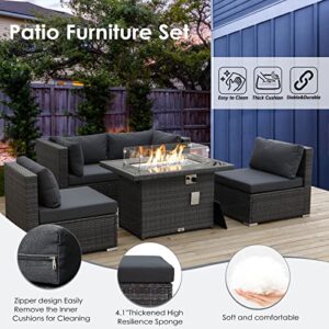 RADIATA 5 Piecess PE Wicker Patio Furniture Set Sectional High Back Large Size Sofa Sets with Propane Fire Pit Table 55000 BTU Balcony Backyard Rattan Conversation Sets for Outdoor（Dark Gray）