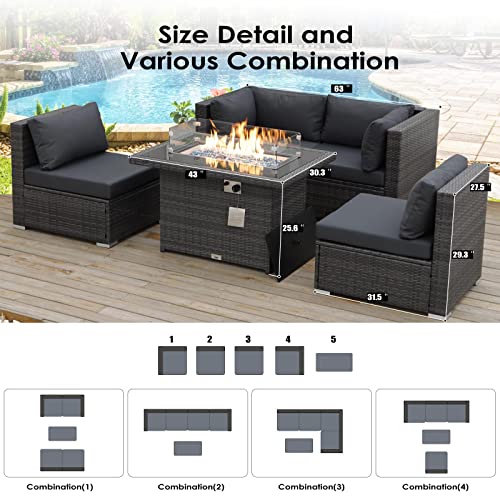 RADIATA 5 Piecess PE Wicker Patio Furniture Set Sectional High Back Large Size Sofa Sets with Propane Fire Pit Table 55000 BTU Balcony Backyard Rattan Conversation Sets for Outdoor（Dark Gray）