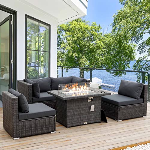 RADIATA 5 Piecess PE Wicker Patio Furniture Set Sectional High Back Large Size Sofa Sets with Propane Fire Pit Table 55000 BTU Balcony Backyard Rattan Conversation Sets for Outdoor（Dark Gray）