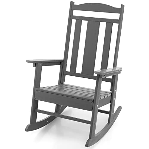 Giantex Patio Rocking Chair - All-Weather HDPE Porch Rocker Chair W/Slatted High Back, Outdoor & Indoor Rocker for Garden, Poolside, Courtyard, 330 lbs Load Capacity (1, Grey)