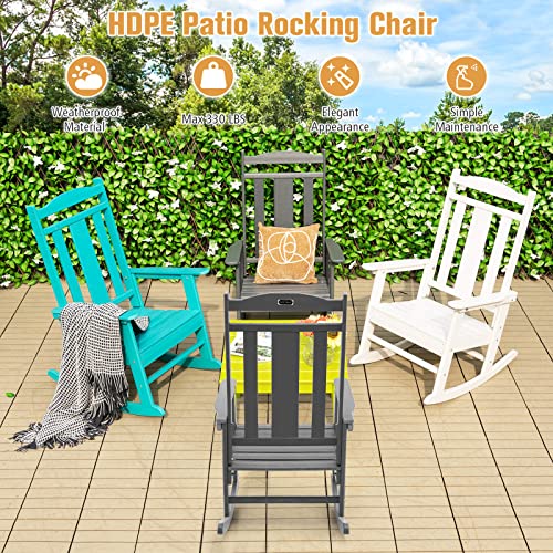 Giantex Patio Rocking Chair - All-Weather HDPE Porch Rocker Chair W/Slatted High Back, Outdoor & Indoor Rocker for Garden, Poolside, Courtyard, 330 lbs Load Capacity (1, Grey)