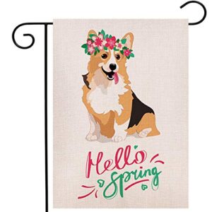 spring corgi with flower garden flag vertical double sided 12.5×18 inch burlap rustic farmhouse yard outdoor flag décor