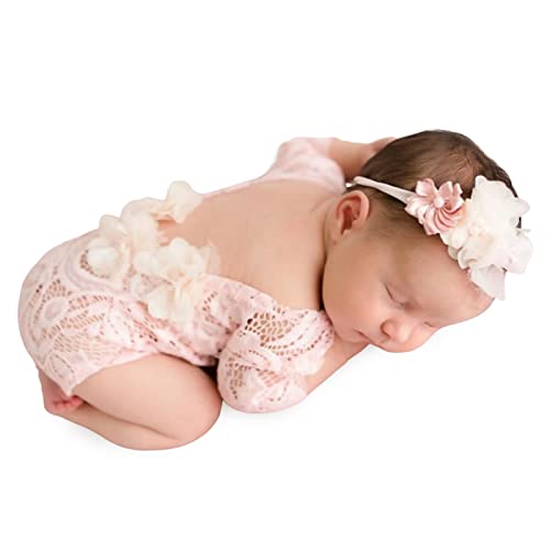 Yuehuam Newborn Girl Photography Outfits Cute Lace Rompers Photography Props with Flower Headband Baby Photo Props Bodysuit Outfit