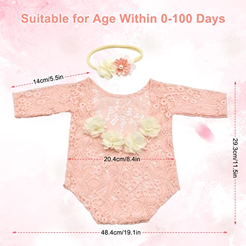 Yuehuam Newborn Girl Photography Outfits Cute Lace Rompers Photography Props with Flower Headband Baby Photo Props Bodysuit Outfit