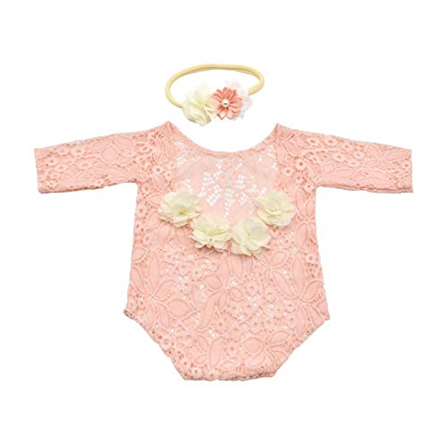 Yuehuam Newborn Girl Photography Outfits Cute Lace Rompers Photography Props with Flower Headband Baby Photo Props Bodysuit Outfit