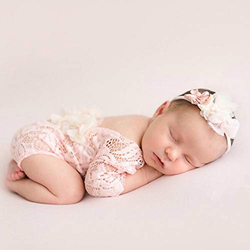 Yuehuam Newborn Girl Photography Outfits Cute Lace Rompers Photography Props with Flower Headband Baby Photo Props Bodysuit Outfit