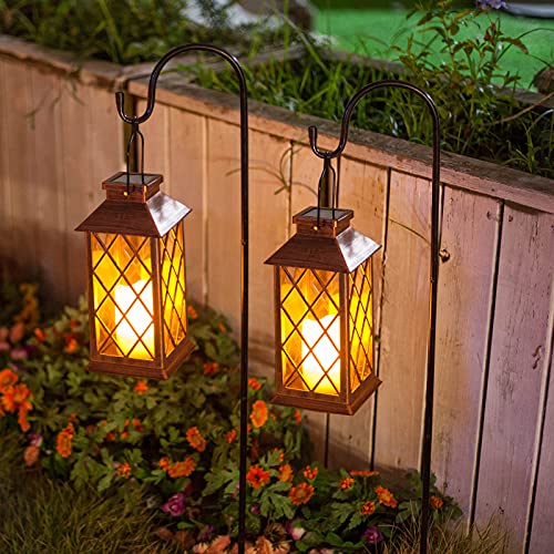 2 Pack Homeimpro Solar Lantern Hanging Garden Outdoor Lights Flickering Flameless Candle Waterproof LED Lamp for Table Patio Lawn