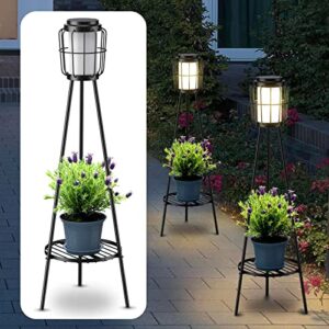 kukuzon solar outdoor floor lamp waterproof (2pcs), metal solar lights outdoor with plant stand, outdoor lamp for deck patio yard porch walkway garden decor