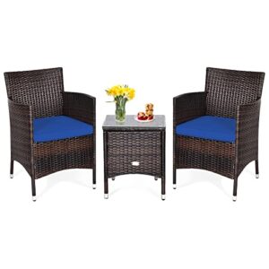 kotek 3 piece patio furniture set, outdoor wicker conversation set w/glass top coffee table, thick cushions, rattan bistro set for patio, garden, porch, lawn (navy)