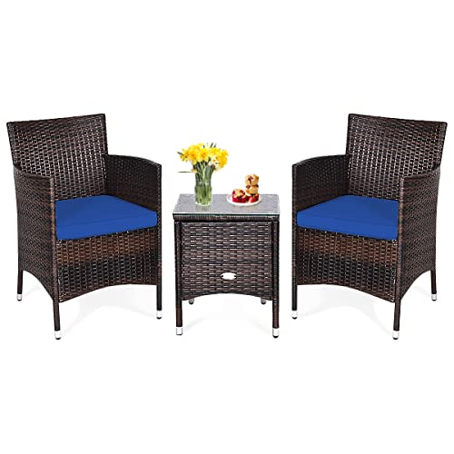 KOTEK 3 Piece Patio Furniture Set, Outdoor Wicker Conversation Set w/Glass Top Coffee Table, Thick Cushions, Rattan Bistro Set for Patio, Garden, Porch, Lawn (Navy)