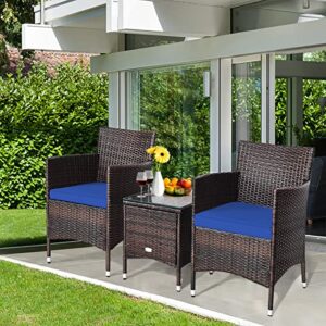 KOTEK 3 Piece Patio Furniture Set, Outdoor Wicker Conversation Set w/Glass Top Coffee Table, Thick Cushions, Rattan Bistro Set for Patio, Garden, Porch, Lawn (Navy)