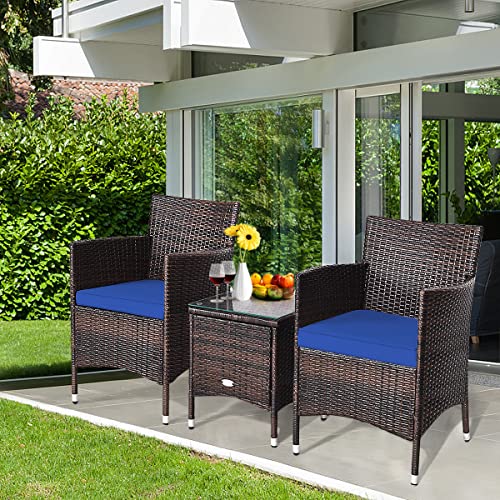 KOTEK 3 Piece Patio Furniture Set, Outdoor Wicker Conversation Set w/Glass Top Coffee Table, Thick Cushions, Rattan Bistro Set for Patio, Garden, Porch, Lawn (Navy)