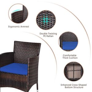 KOTEK 3 Piece Patio Furniture Set, Outdoor Wicker Conversation Set w/Glass Top Coffee Table, Thick Cushions, Rattan Bistro Set for Patio, Garden, Porch, Lawn (Navy)