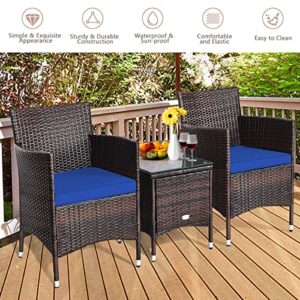 KOTEK 3 Piece Patio Furniture Set, Outdoor Wicker Conversation Set w/Glass Top Coffee Table, Thick Cushions, Rattan Bistro Set for Patio, Garden, Porch, Lawn (Navy)