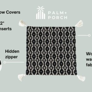 Palm and Porch - Boho Outdoor Pillow Covers - 20x20 Set of 2 - Woven Water Resistant Outdoor Pillows for Patio Furniture - Black and White Outdoor Pillows with Tassels