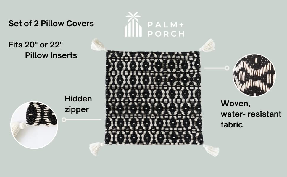 Palm and Porch - Boho Outdoor Pillow Covers - 20x20 Set of 2 - Woven Water Resistant Outdoor Pillows for Patio Furniture - Black and White Outdoor Pillows with Tassels