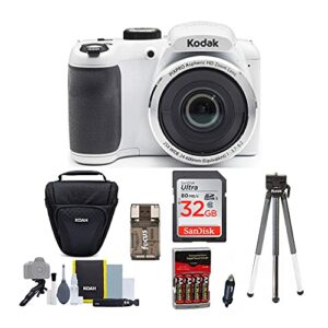 kodak pixpro az252 astro zoom digital camera (white) bundle with 32gb card, case, accessory kit, and rechargeable batteries