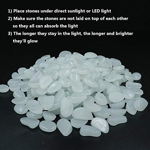 Glow in the Dark Pebble Stones - 200 Glow Rocks for Outdoor Yard Landscaping and Garden Use, and Indoor Fish Tank Aquarium, Glow-in-the-Dark Party Décor and Crafts, White Stones with Blue Glow