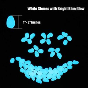 Glow in the Dark Pebble Stones - 200 Glow Rocks for Outdoor Yard Landscaping and Garden Use, and Indoor Fish Tank Aquarium, Glow-in-the-Dark Party Décor and Crafts, White Stones with Blue Glow