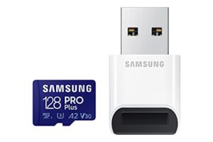 samsung pro plus + reader 128gb microsdxc up to 160mb/s uhs-i, u3, a2, v30, full hd & 4k uhd memory card for android smartphones, tablets, go pro and dji drone (mb-md128kb/am)