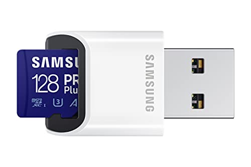 SAMSUNG PRO Plus + Reader 128GB microSDXC Up to 160MB/s UHS-I, U3, A2, V30, Full HD & 4K UHD Memory Card for Android Smartphones, Tablets, Go Pro and DJI Drone (MB-MD128KB/AM)