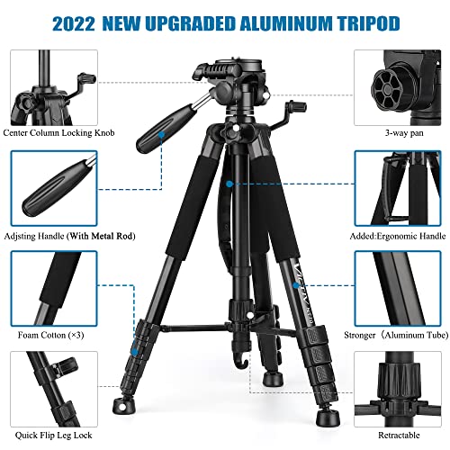 VICTIV 74” Camera Tripod, Tripod for Camera and Phone, Aluminum Tripod for Canon Nikon with Carry Bag and Phone Holder, Compatible with DSLR，iPhone, Projector, Webcam, Spotting Scopes