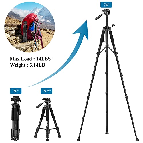 VICTIV 74” Camera Tripod, Tripod for Camera and Phone, Aluminum Tripod for Canon Nikon with Carry Bag and Phone Holder, Compatible with DSLR，iPhone, Projector, Webcam, Spotting Scopes