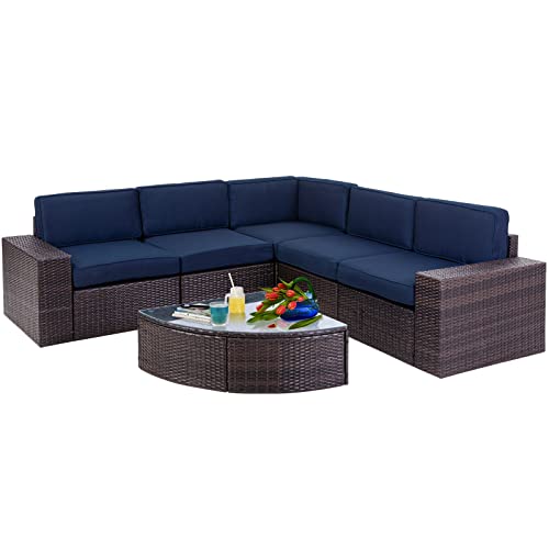 Incbruce 6-Piece Outdoor Furniture Sofa Set, All-Weather Gray Wicker Sectional Couch, Patio Conversation Sets with Glass Coffee Table and Washable Cushions(Navy Blue)