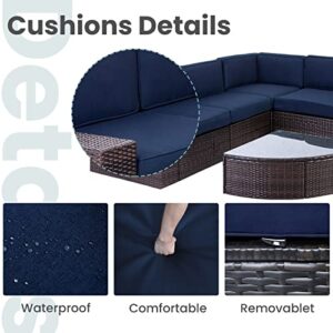 Incbruce 6-Piece Outdoor Furniture Sofa Set, All-Weather Gray Wicker Sectional Couch, Patio Conversation Sets with Glass Coffee Table and Washable Cushions(Navy Blue)