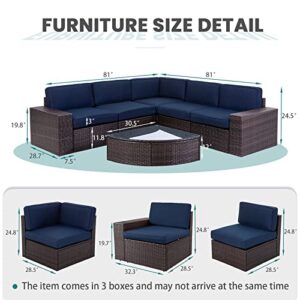 Incbruce 6-Piece Outdoor Furniture Sofa Set, All-Weather Gray Wicker Sectional Couch, Patio Conversation Sets with Glass Coffee Table and Washable Cushions(Navy Blue)