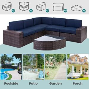 Incbruce 6-Piece Outdoor Furniture Sofa Set, All-Weather Gray Wicker Sectional Couch, Patio Conversation Sets with Glass Coffee Table and Washable Cushions(Navy Blue)