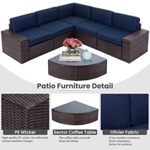 Incbruce 6-Piece Outdoor Furniture Sofa Set, All-Weather Gray Wicker Sectional Couch, Patio Conversation Sets with Glass Coffee Table and Washable Cushions(Navy Blue)