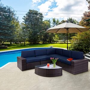 Incbruce 6-Piece Outdoor Furniture Sofa Set, All-Weather Gray Wicker Sectional Couch, Patio Conversation Sets with Glass Coffee Table and Washable Cushions(Navy Blue)