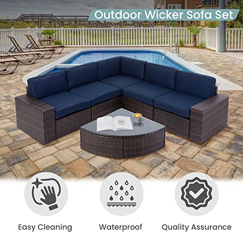 Incbruce 6-Piece Outdoor Furniture Sofa Set, All-Weather Gray Wicker Sectional Couch, Patio Conversation Sets with Glass Coffee Table and Washable Cushions(Navy Blue)