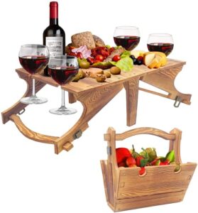 sinouso portable picnic table, 2 in 1 folding wooden picnic table for outdoors,small wine table with 4 wine glasses holder for outdoor lawn, beach, park, garden,ideal wine lover gift(11.8×18 inch)