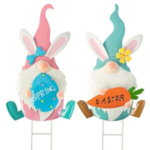 funpeny set of 2 metal easter gnomes yard signs outdoor, 24.6 inch bunny rabbits stakes easter decorations for garden, lawn, party, easter props decor