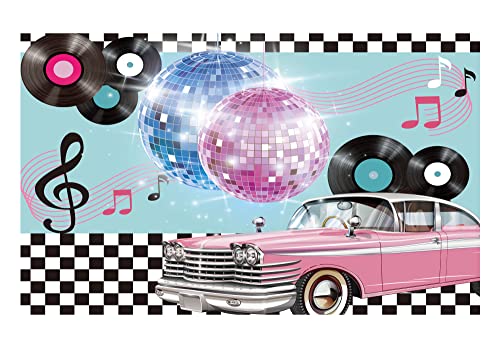 Funnytree 50s Retro Rock N Roll Diner Party Backdrop Car Sock Hop Dance Cosplay Prom Photography Background Classic 1950s Baby Birthday Wedding Banner Cake Table Decoration Photo Booth