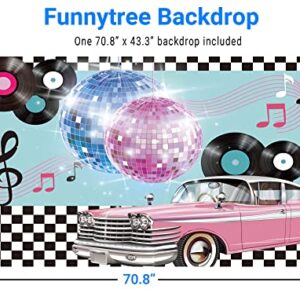 Funnytree 50s Retro Rock N Roll Diner Party Backdrop Car Sock Hop Dance Cosplay Prom Photography Background Classic 1950s Baby Birthday Wedding Banner Cake Table Decoration Photo Booth