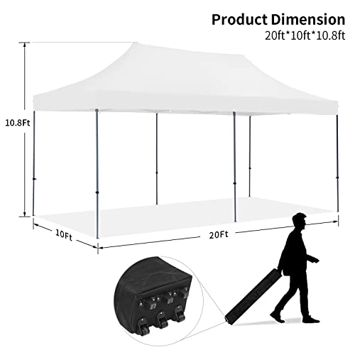 DOIT 10 x 20 FT Pop Up Canopy Tent, Instant Folding Shelter Gazebo for Outdoor Party, Event, Wedding & Camping, Easy Up Lawn & Garden Canopy Tent with Potable Wheeled Carrying Bag - White