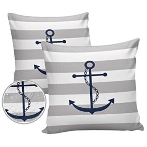 Outdoor Waterproof Throw Pillow Covers 2 Pack Square Pillowcases Grey White Stripes Anchor Pillow Protectors Decorative Cushion Cases for Patio,Garden,20x20 Inch