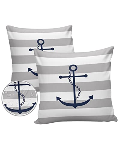 Outdoor Waterproof Throw Pillow Covers 2 Pack Square Pillowcases Grey White Stripes Anchor Pillow Protectors Decorative Cushion Cases for Patio,Garden,20x20 Inch