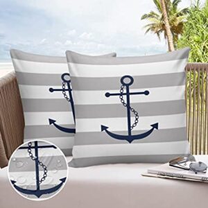 Outdoor Waterproof Throw Pillow Covers 2 Pack Square Pillowcases Grey White Stripes Anchor Pillow Protectors Decorative Cushion Cases for Patio,Garden,20x20 Inch