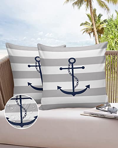 Outdoor Waterproof Throw Pillow Covers 2 Pack Square Pillowcases Grey White Stripes Anchor Pillow Protectors Decorative Cushion Cases for Patio,Garden,20x20 Inch